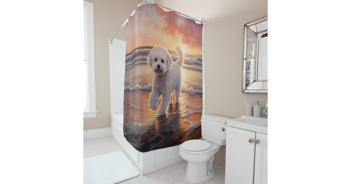 Sandy Paws Bichon Frise Dog on Beach Sunset Shower Curtain | Zazzle