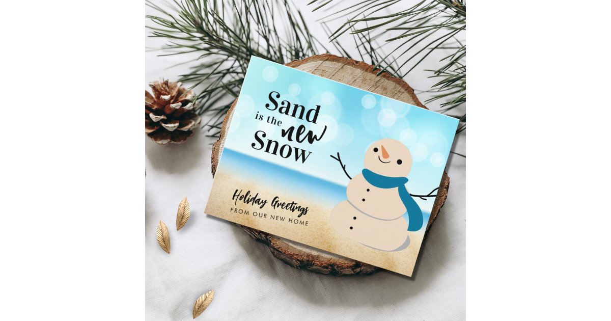 Sandy Snowman Beach Scene New Address Holiday Postcard | Zazzle