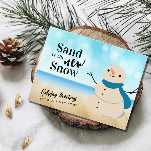 Sandy Snowman Beach Scene New Address Holiday Postcard | Zazzle