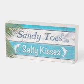 Sandy Toes Salty Kisses Blue and White Wooden Box Sign | Zazzle