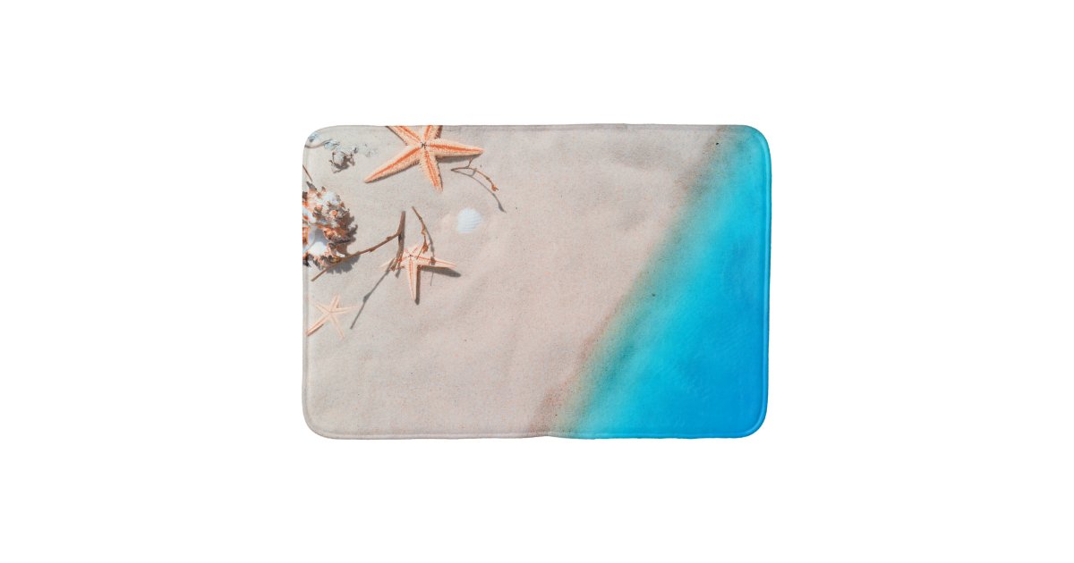 Sandy Tropical Beach Starfish Seashell Bath Mat | Zazzle