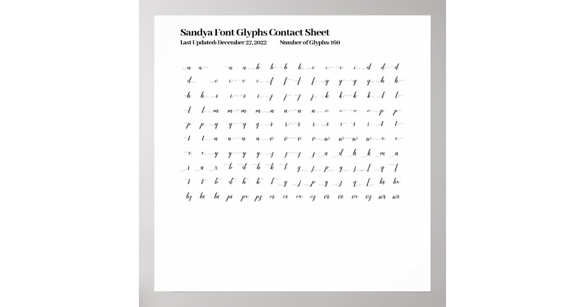 Sandya Font Glyphs Contact Sheet Poster | Zazzle