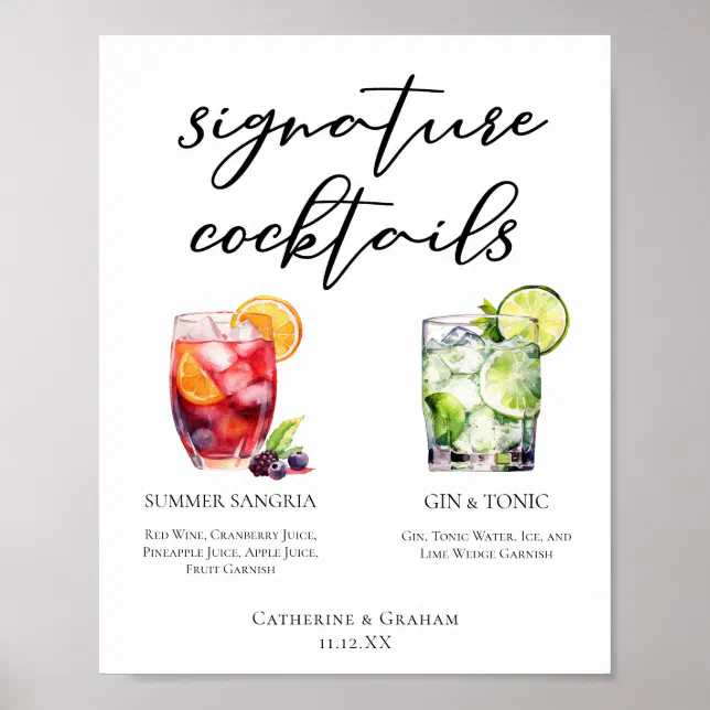 Sangria Gin & Tonic Signature Cocktails Menu Poster | Zazzle