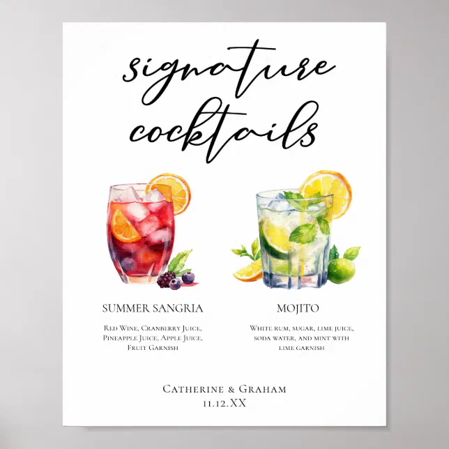 Sangria Mojito Signature Cocktails Custom Menu Poster | Zazzle