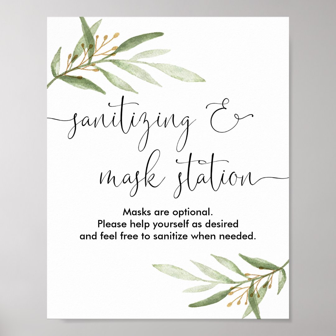 Sanitizing mask station sign greenery gold | Zazzle