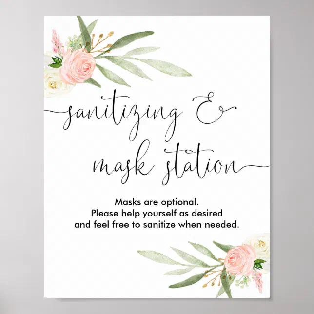 Sanitizing mask station sign pink greenery gold | Zazzle