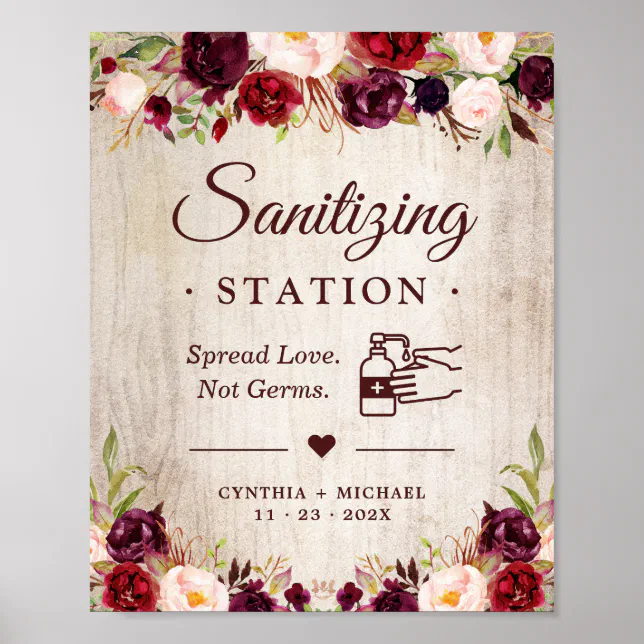 Sanitizing Station Rustic Wood Burgundy Floral Poster | Zazzle