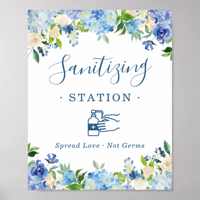 Sanitizing Station Sign Blue Hydrangea Floral | Zazzle