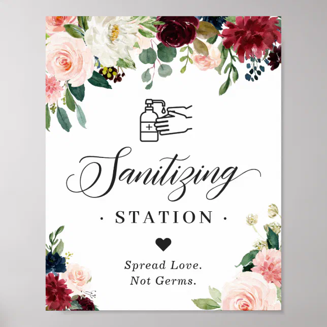 Sanitizing Station Sign Burgundy Blush Blue Floral | Zazzle