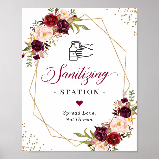 Sanitizing Station Sign Burgundy Floral Gold Frame | Zazzle