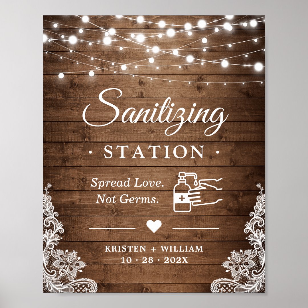 Sanitizing Station Sign Rustic Wood Twinkle Lights | Zazzle