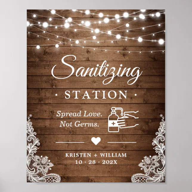 Sanitizing Station Sign Rustic Wood Twinkle Lights | Zazzle