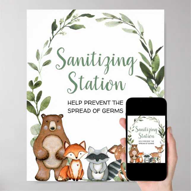 Sanitizing station woodland animals baby shower poster | Zazzle