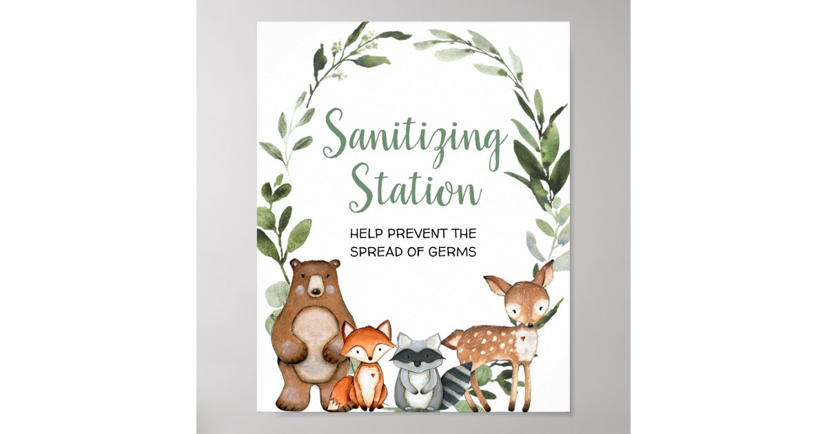 Sanitizing station woodland animals baby shower poster | Zazzle