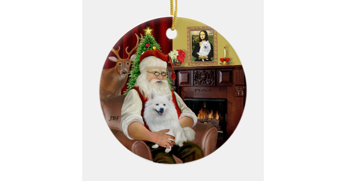 Santa-American Eskimo Dog Ceramic Ornament | Zazzle