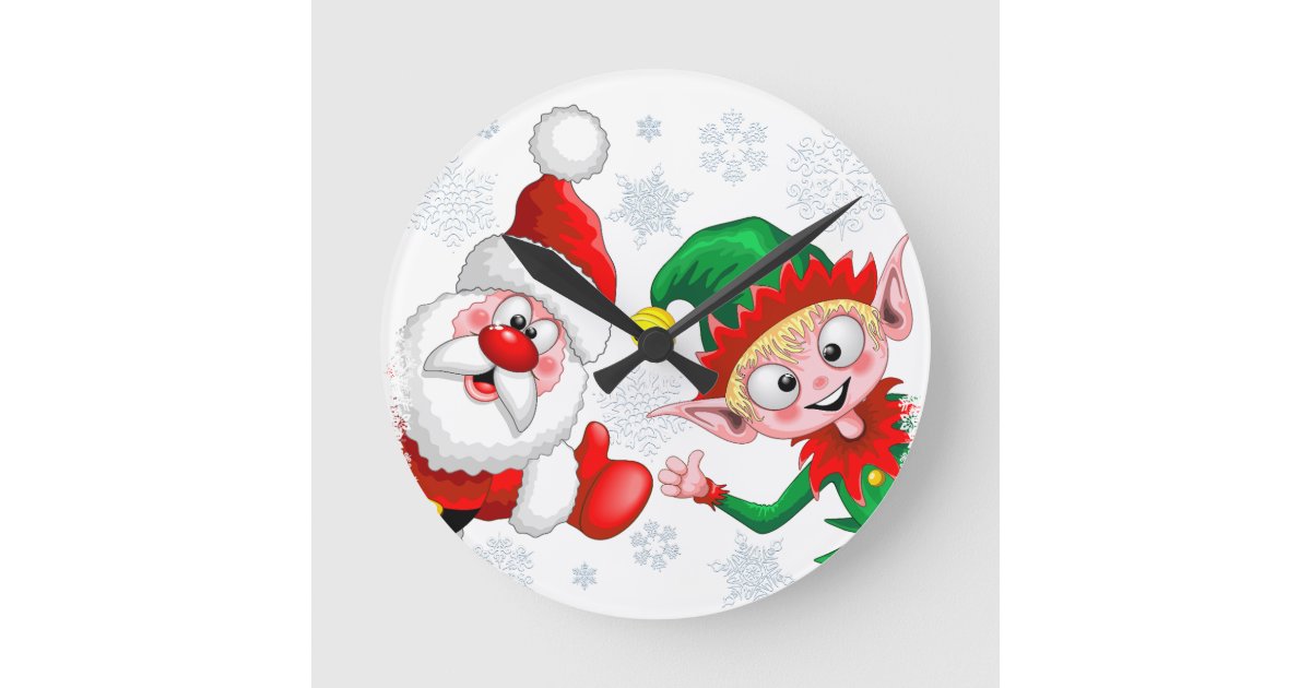 Santa and Elf Christmas Characters Thumbs Up Clock | Zazzle