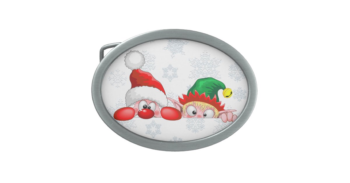 Santa and Elf Cute and funny Characters Peeking Belt Buckle | Zazzle