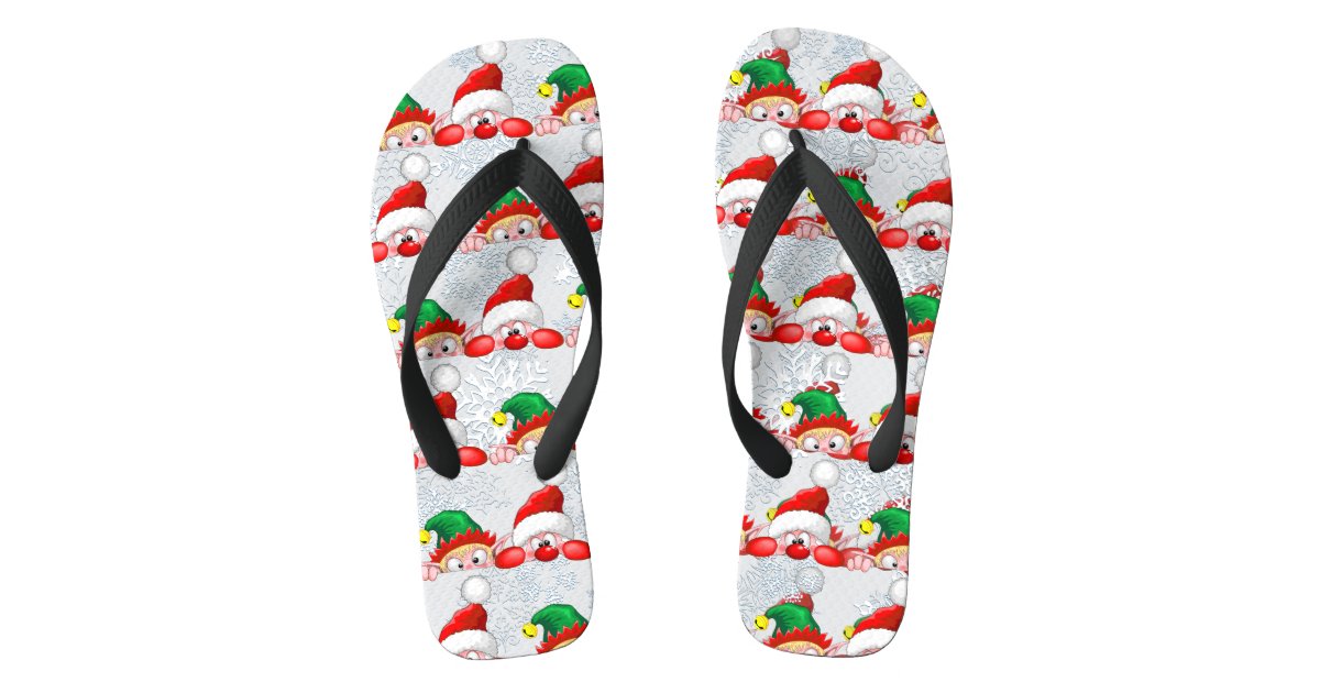 Santa and Elf Cute and funny Characters Peeking Flip Flops | Zazzle