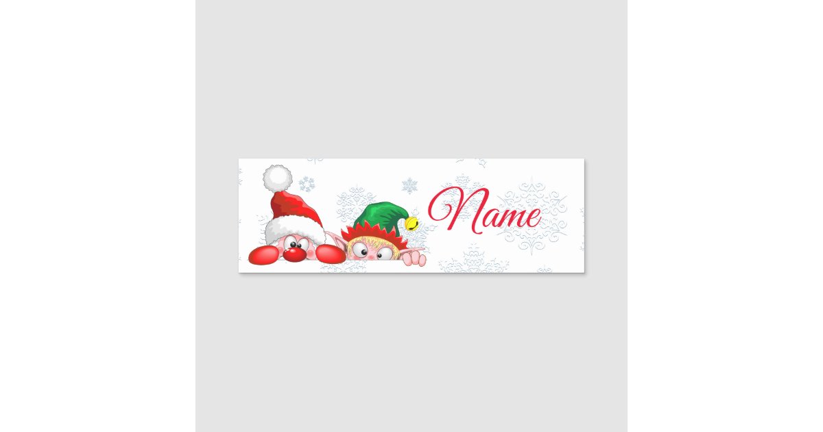 Santa and Elf Cute and funny Characters Peeking Name Tag | Zazzle