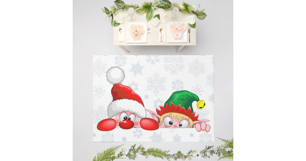 Santa and Elf Cute and funny Characters Peeking Outdoor Rug | Zazzle