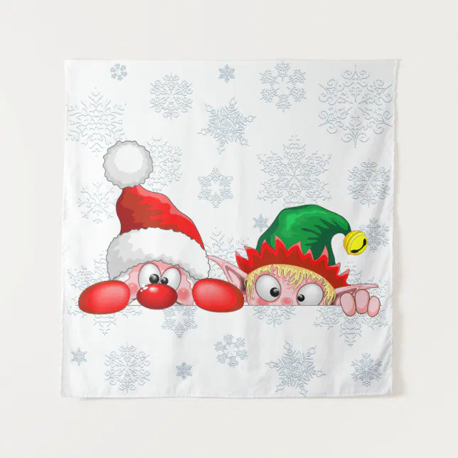 Santa and Elf Cute and funny Characters Peeking Tapestry | Zazzle