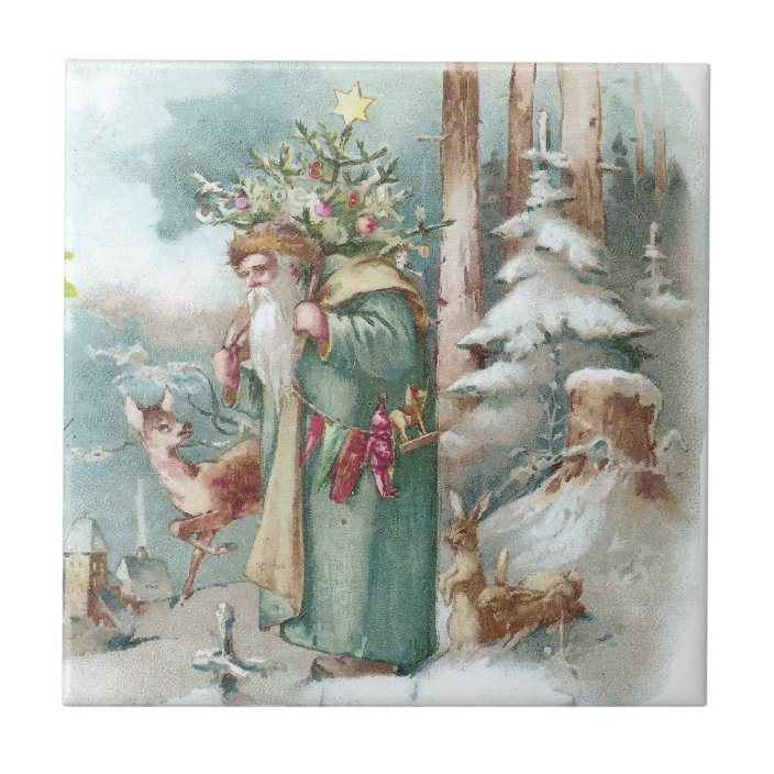 Santa and Forest Animals Vintage Christmas Tile | Zazzle.com