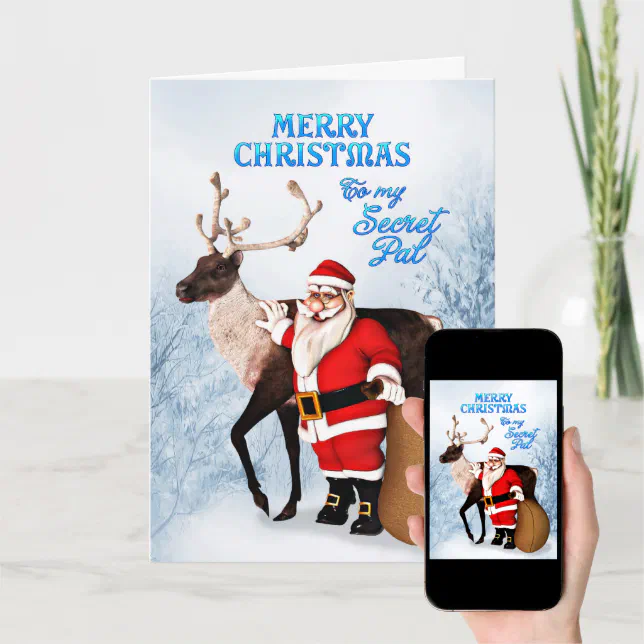 Santa and reindeer Christmas card for secret pal | Zazzle