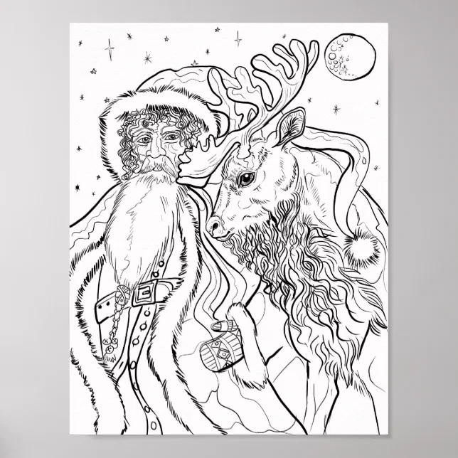 Santa and Reindeer Color Your Own Christmas Poster | Zazzle