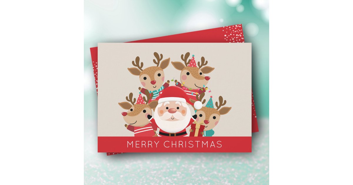 Santa and Reindeer Flat Merry Christmas Holiday Card | Zazzle