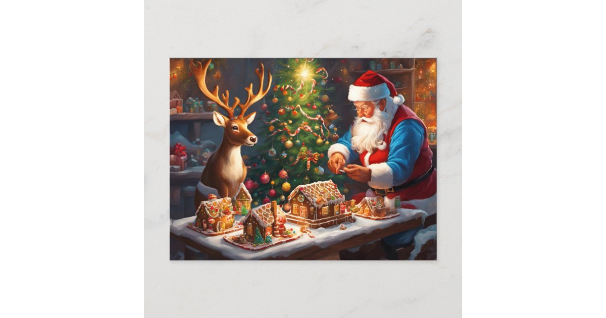 Santa and reindeer make gingerbread house postcard | Zazzle