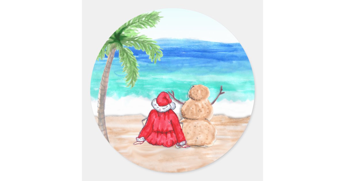 Santa and Reindeer on Beach Classic Round Sticker | Zazzle