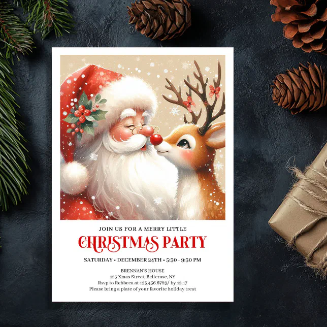 Santa and Rudolph Festive Holiday Party Invitation | Zazzle
