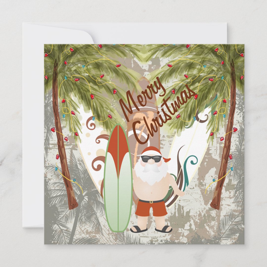 Santa and Surfboard Beach Merry Christmas Greeting Holiday Card | Zazzle