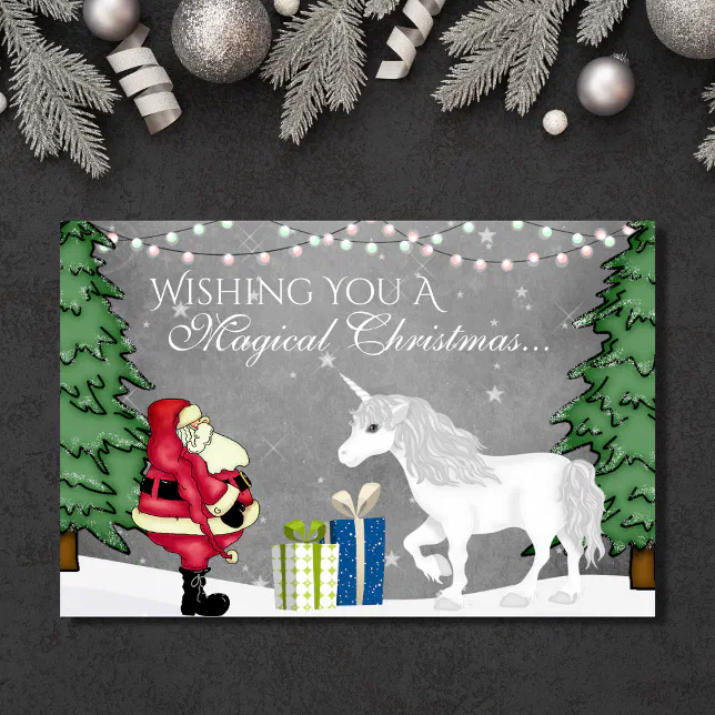 Santa and Unicorn Magical Christmas Happy New Year Holiday Card | Zazzle
