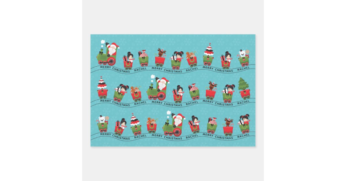 Santa & Asian Girl on Train Wrapping Paper Sheets | Zazzle