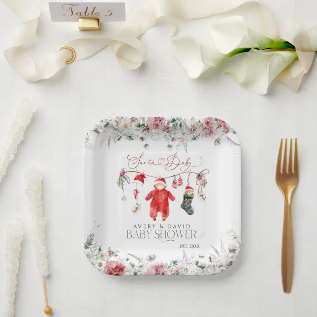 Santa Baby Christmas Baby Shower Welcome Paper Plates | Zazzle