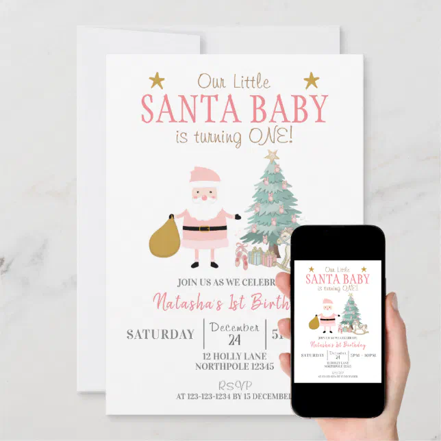 Santa Baby is Turning ONE, Girl Christmas Birthday Invitation | Zazzle