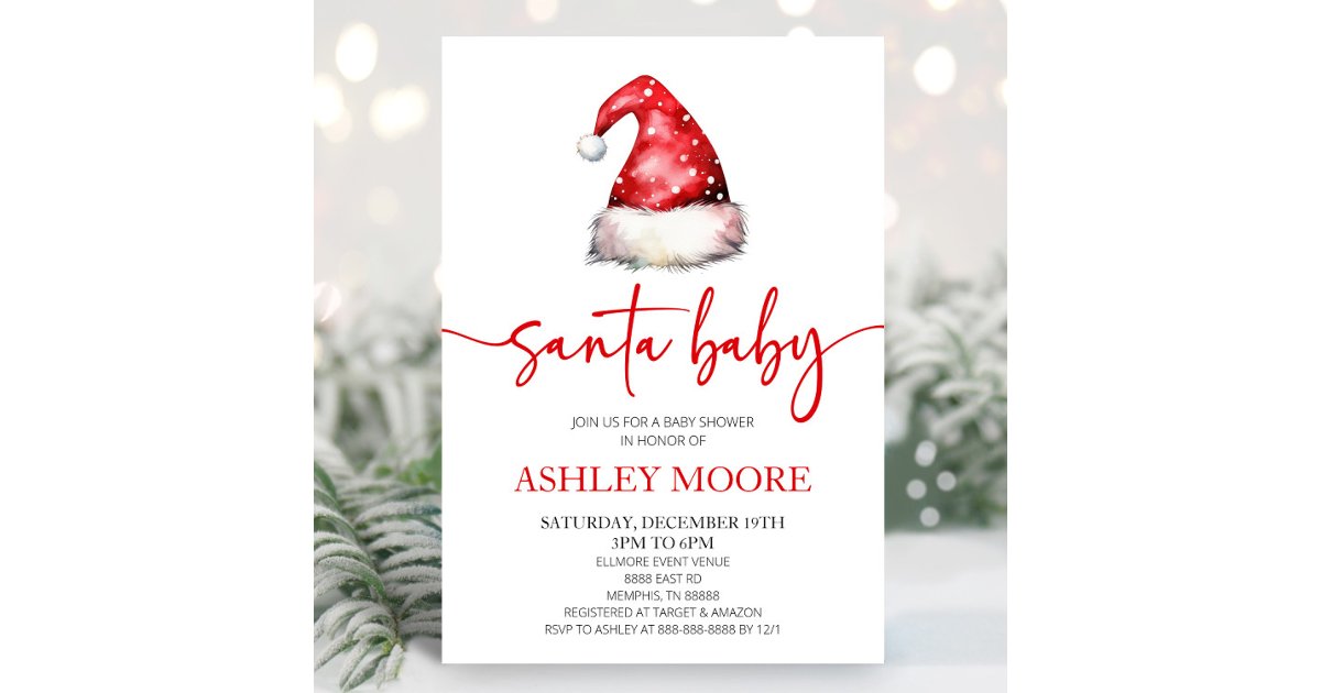 Santa Baby Red Hat Christmas Holiday Baby Shower Invitation | Zazzle