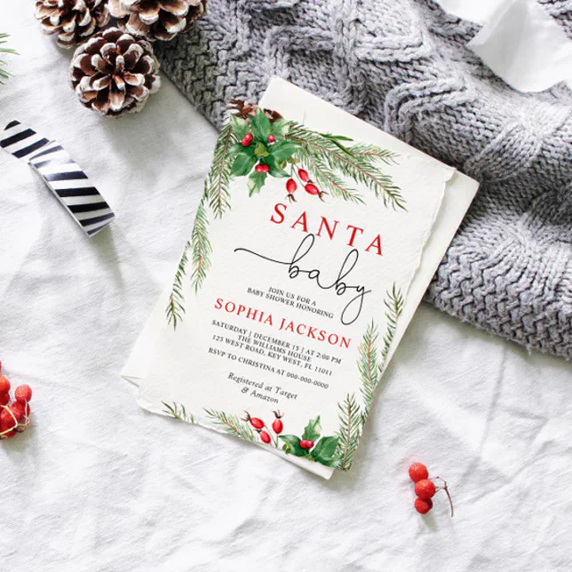 Santa Baby Winter Flowers Baby Shower Invitation | Zazzle