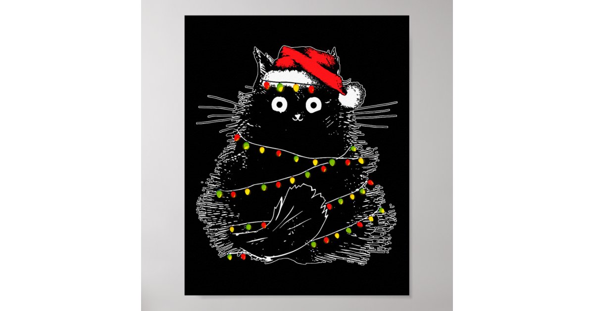 Santa Black Cat Tangled Up In Christmas Tree Light Poster | Zazzle