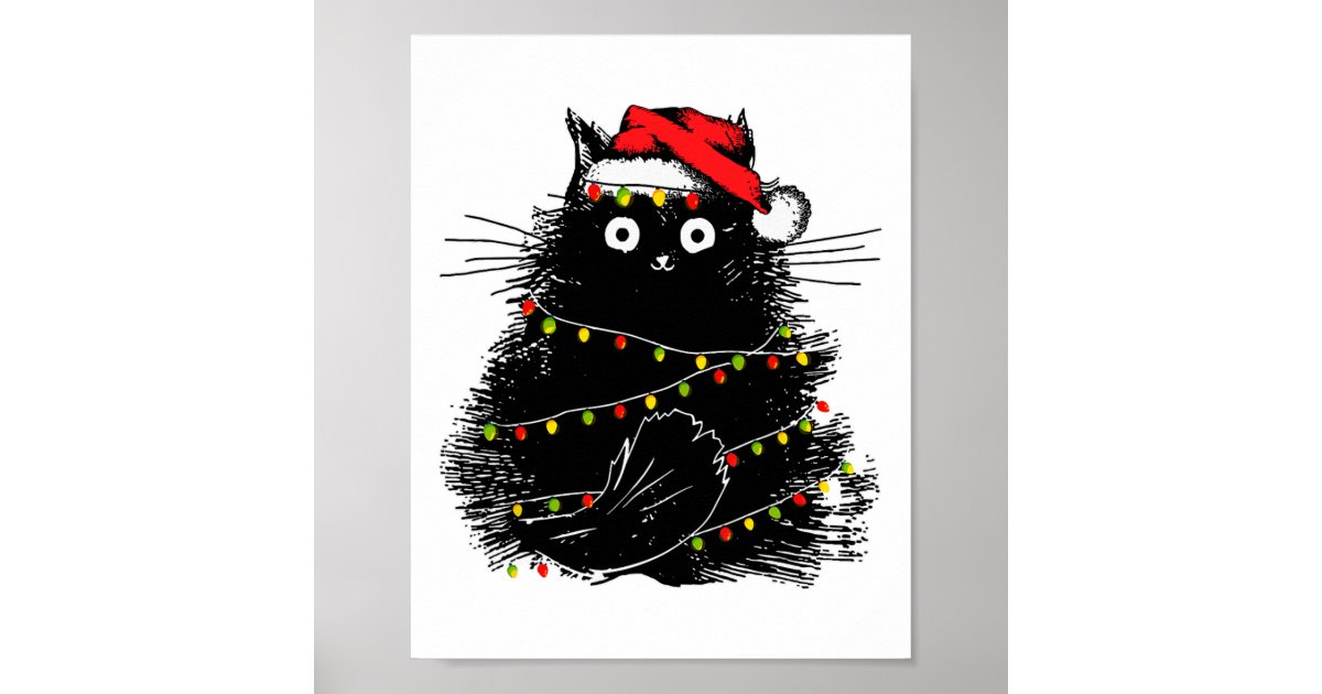 santa black cat tangled up in christmas tree light poster | Zazzle