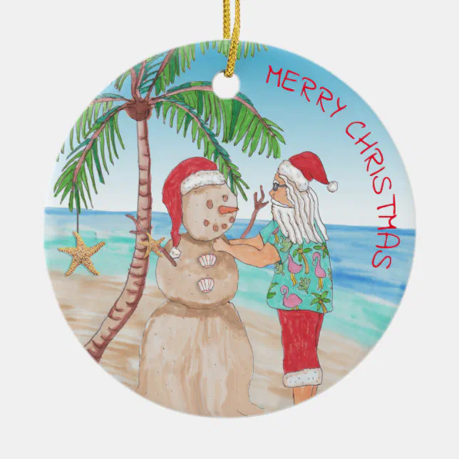 Santa building Sandy Snowman Snowbird Christmas Ceramic Ornament | Zazzle