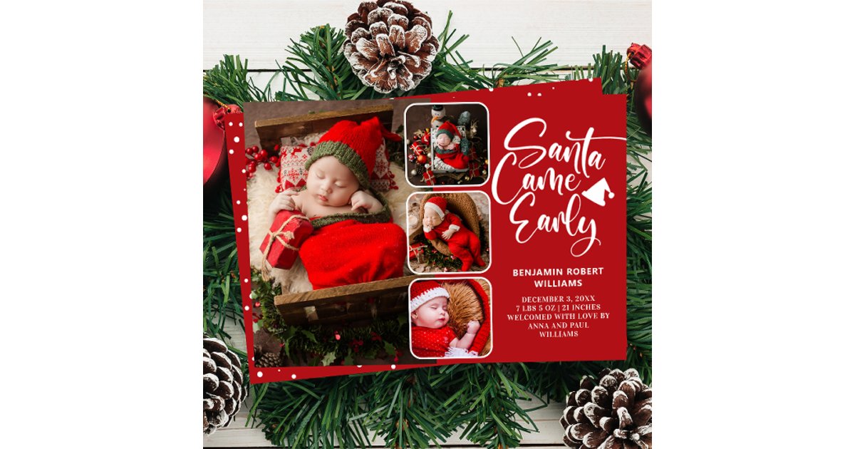 Santa Came Early Birth Photo Collage Announcement | Zazzle
