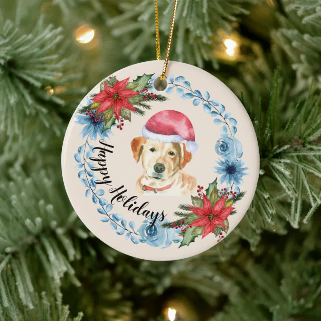 Santa Cap Yellow Lab Customizable Holiday Ceramic Ornament | Zazzle