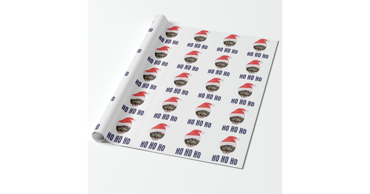 Santa Cat with Santa hat, Ho Ho ho Invitation Squa Wrapping Paper | Zazzle
