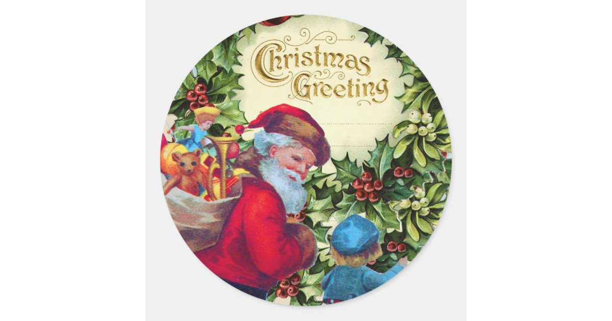 SANTA,CHILD,CHRISTMAS CROWN,HOLLYBERRY,MISTLETOES CLASSIC ROUND STICKER ...