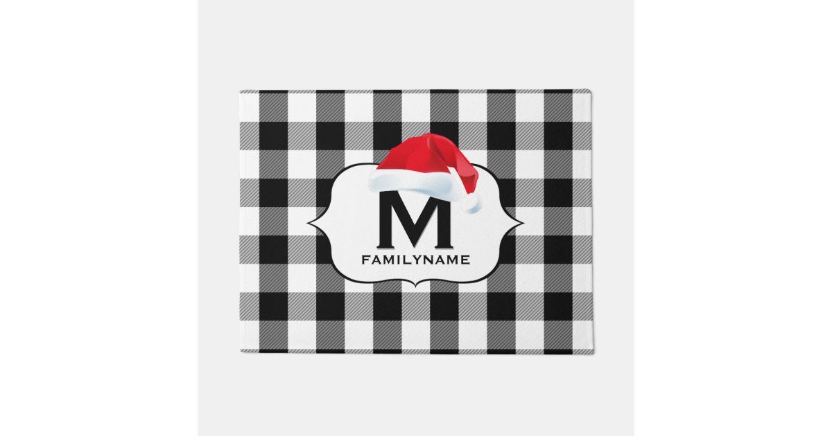 Santa Christmas Black White Buffalo Check Monogram Doormat | Zazzle