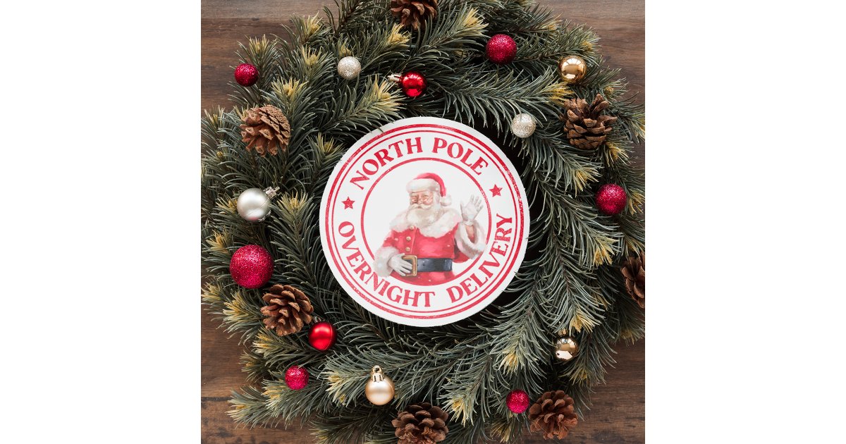 SANTA CHRISTMAS NORTH POLE OVERNIGHT DELIVERY CLASSIC ROUND STICKER ...