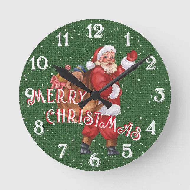 Santa Claus And His Bag Of Toys - Merry Christmas Round Clock | Zazzle