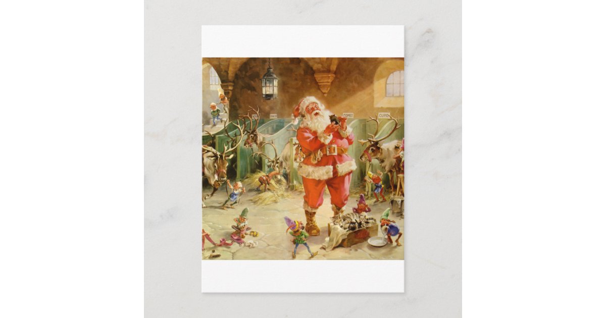 Santa Claus and his Elves in the Reindeer Stable Holiday Postcard | Zazzle